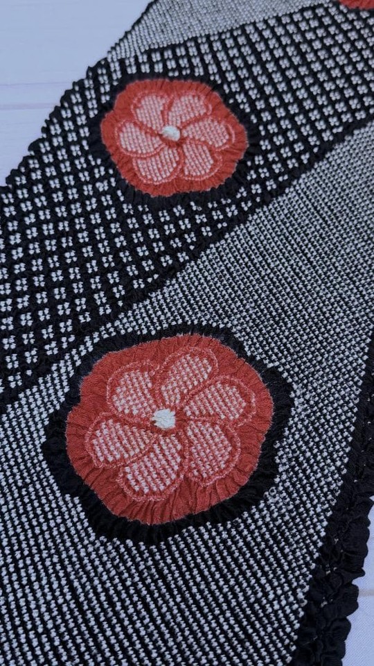 Oa Shibori 19 Two-color plum pattern all-drawing obi sash black x red ...