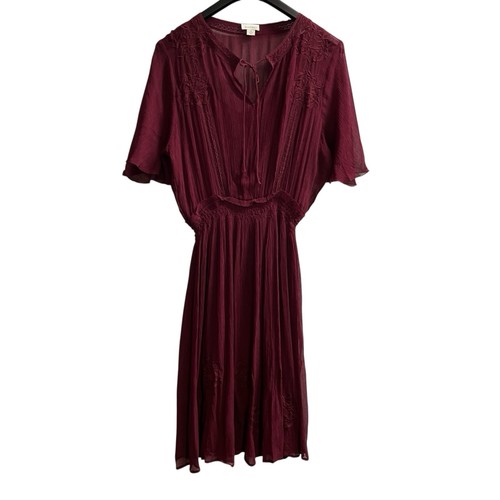 Sundance Arolyn Dress M Maroon Gauzy Pleated Embroidered Lined Midi ...