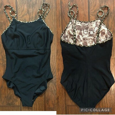 ROBIN PICCONE Black One Piece High Neck Swimsuit 6 Tribal Animal Print ...