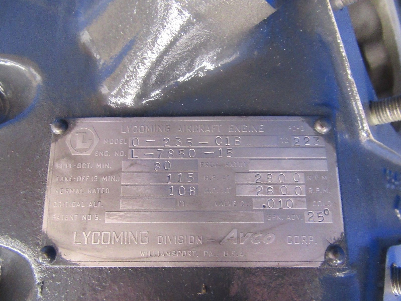 Lycoming O-235 Crankcase C1B Casting # 68453 INSPECTED w/ 8130 (1217 ...