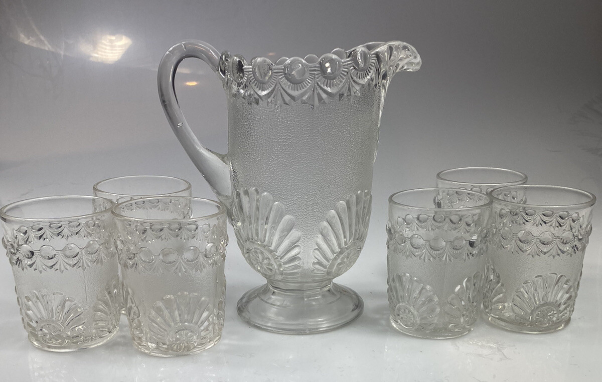 Shell & Jewel Footed Water Pitcher Set Westmoreland Pressed Glass 7 ...