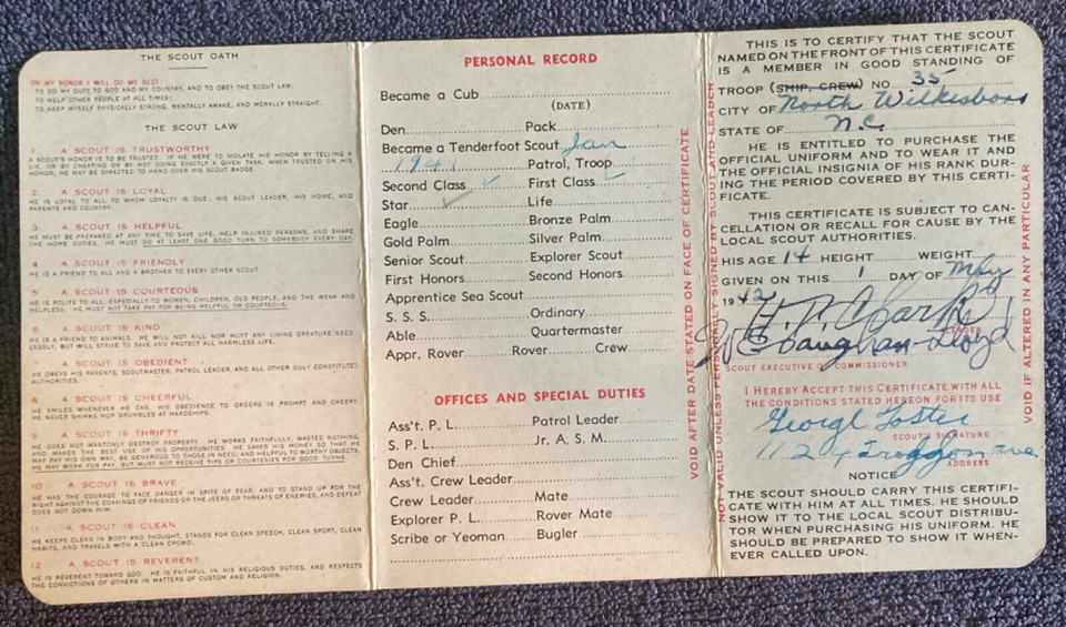 1940s Boy Scouts BSA Membership Cards Troop 35 34 N Wilkesboro NC Old ...