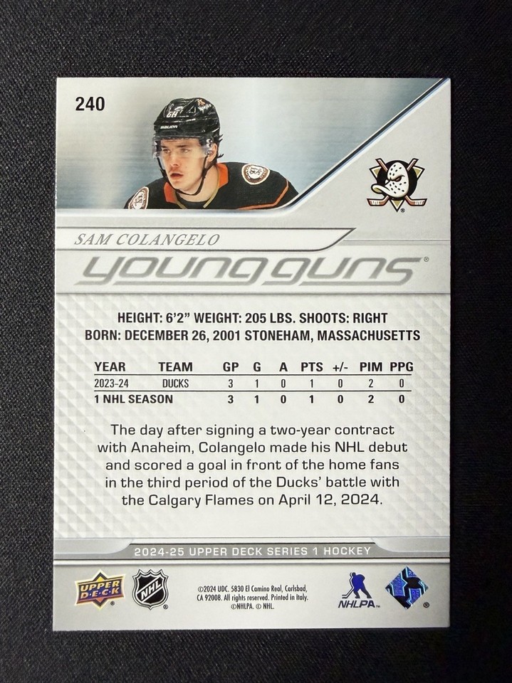 Sam Colangelo 2024-25 Upper Deck Series 1 Young Guns RC #240 Anaheim ...