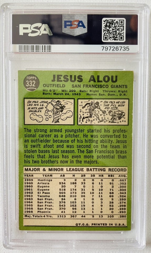 1967 Topps Jesus Alou #332 San Francisco Giants PSA Ex-MT | eBay