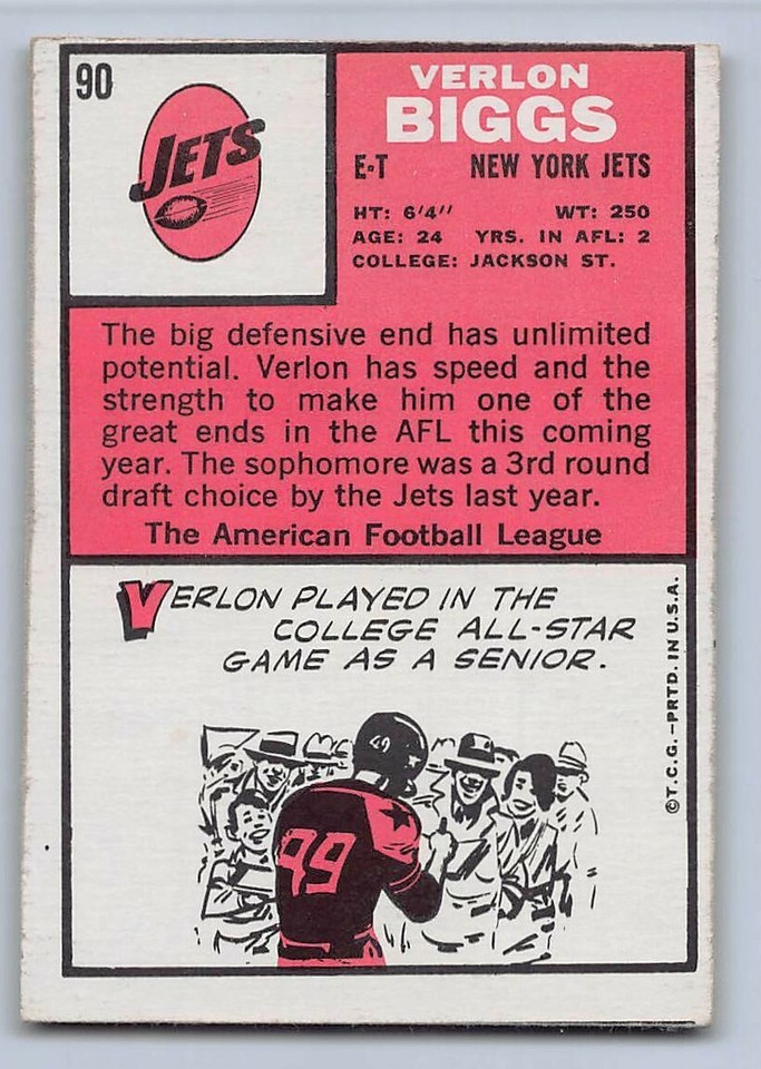 1966 Topps VERLON BIGGS - Football Card # 90 - NEW YORK JETS | eBay