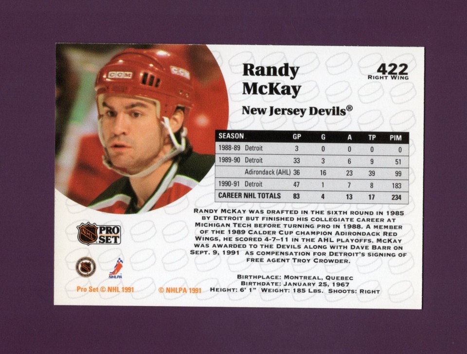 1991 Pro Set Randy McKay #422 - New Jersey Devils | eBay