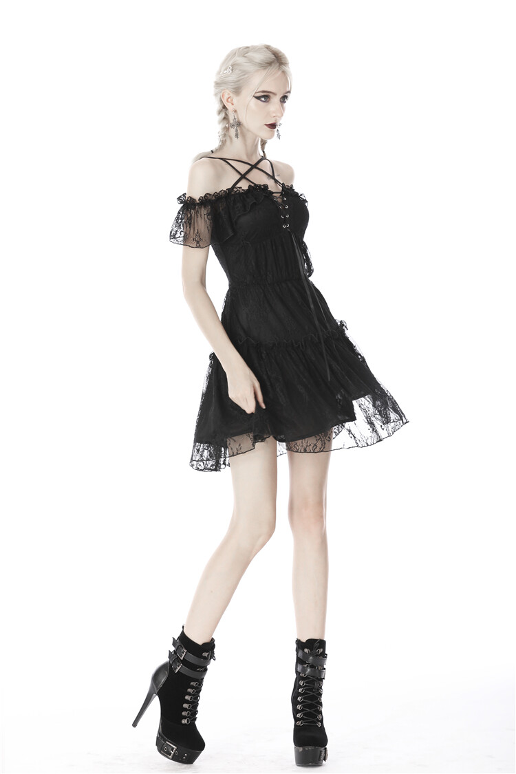 DARK IN LOVE Women Gothic Off-The-Shoulder Lace Pentagram Short party ...