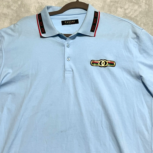 Pavini Polo Shirt Light Blue Cotton Stretch Short Sleeve Raised Logo L ...