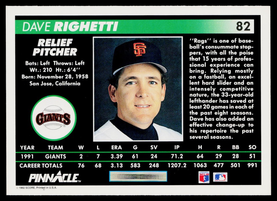 1992 Pinnacle #82 Dave Righetti San Francisco Giants | eBay
