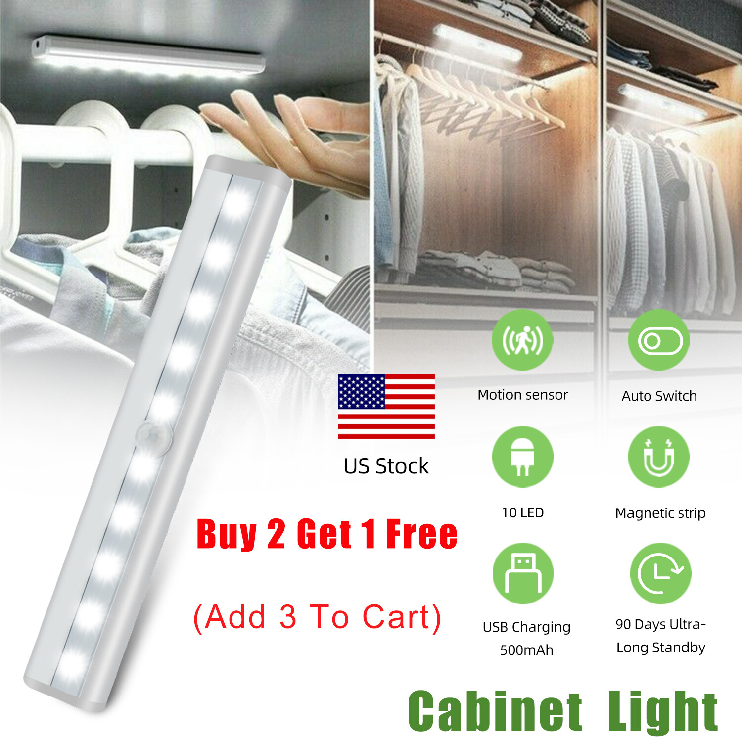 USB Rechargeable Wireless Motion Sensor Closet Light Kitchen Cabinet ...