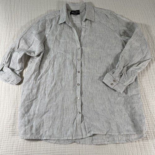 Tahari Top Womens Large White Black Linen Tunic Button Up Lagenlook ...