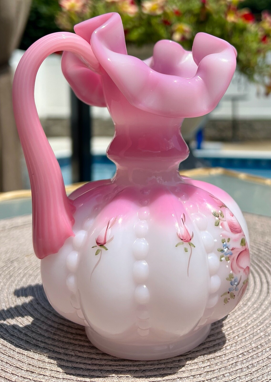 Fenton** ROSALENE HP BEADED MELON PITCHER JUG**Charleton Collection QVC ...