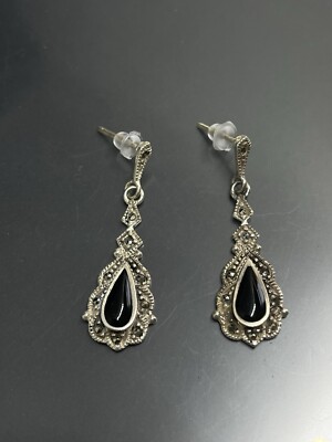 Vintage Signed MJ Sterling Silver 925 Black Onyx Marcasites Dangle Post ...