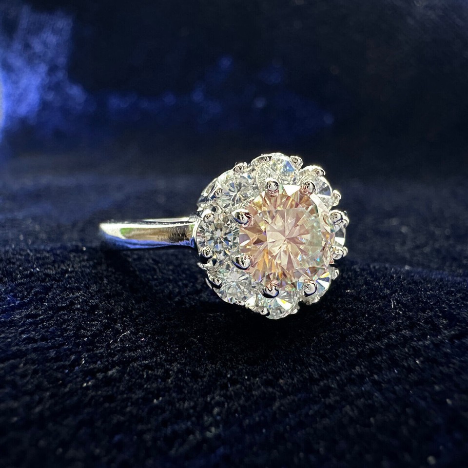 2.02+Ct Vvs1 Golden Brown White Round Moissanite Diamond Ring 925 ...