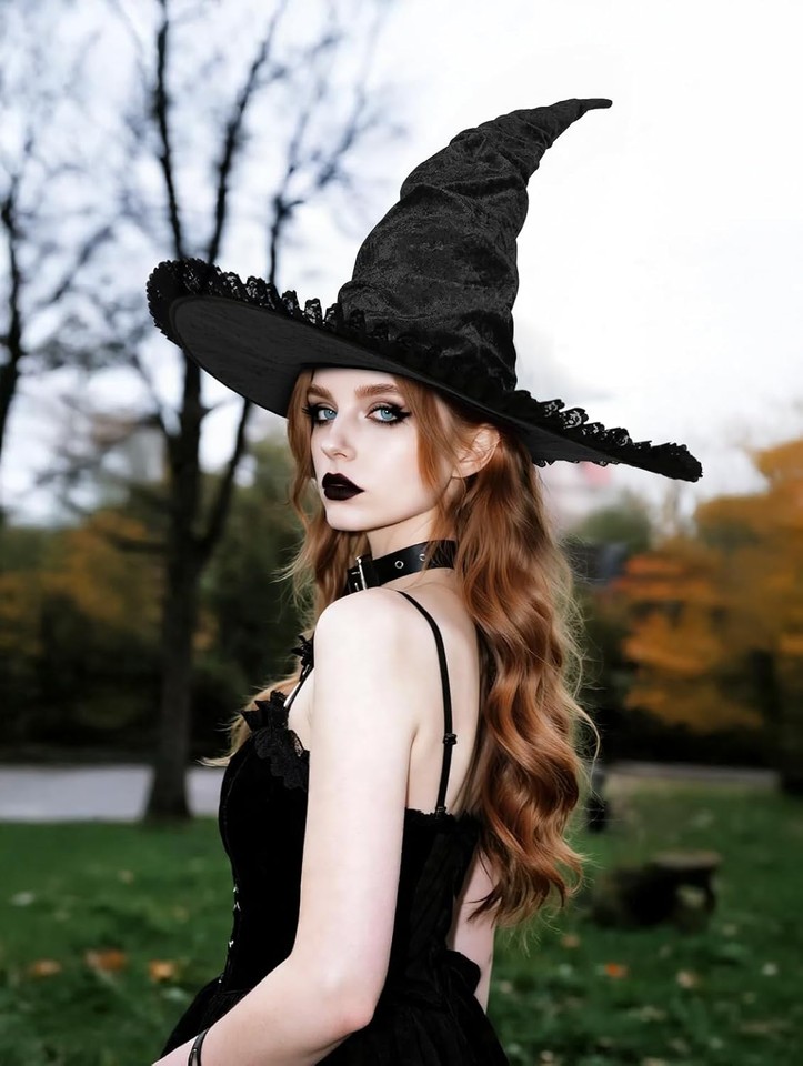 Wicked Witch Hat Lace Witches Hats Velvet Ruched One Size, Black | eBay