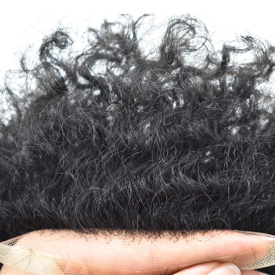 Mens Toupee Lace Front Afro Curl Black Human Hairpiece African American ...