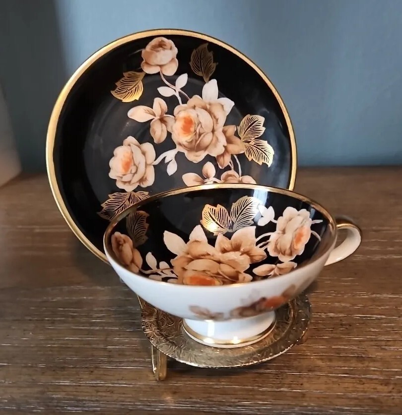 RKW Rudolf Wachter Bavaria Germany Black & Gold Floral Tea Cup Saucer ...