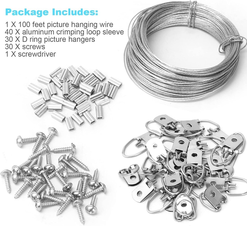 100 Pcs Picture Hanging Wire Kit, 100 Feet Heavy Duty Wire Picture ...