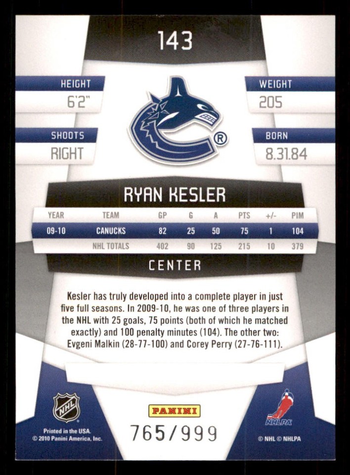 2010-11 Certified Platinum Red #143 Ryan Kesler /999 | eBay