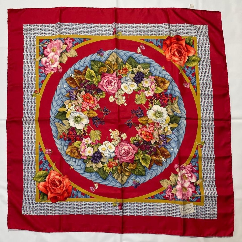 Gucci Scarf 87.5x87cm Silk Red Multi-color Excellent Condition Tags ...