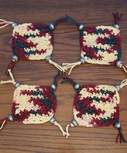 CROCHETED COASTERS ~SQUARE W/BEADED FRINGE ACCENTS ~ HANDMADE SET OF 4 ...