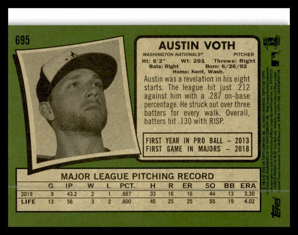 2020 Topps Heritage Austin Voth #695 Washington Nationals | eBay