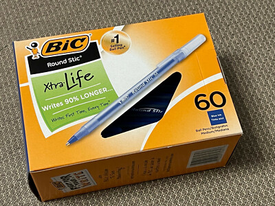 (Box 60 Pens) BiC GSM609 Round Stic Xtra Life Medium Blue Ball Point ...