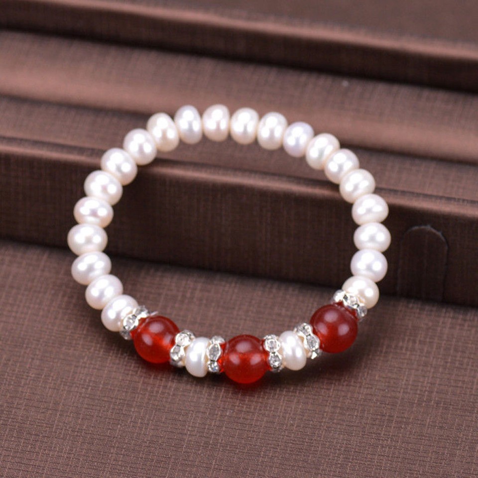 Fashion Women's 7-8mm Natural White Akoya Pearl & Red Jade Gems ...