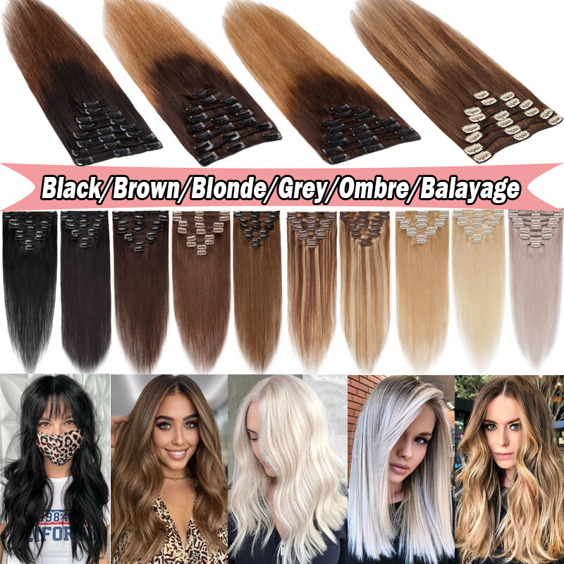 Real Soft Clip In Hair Extensions Remy 100% Human Hair Weft Full Head ...