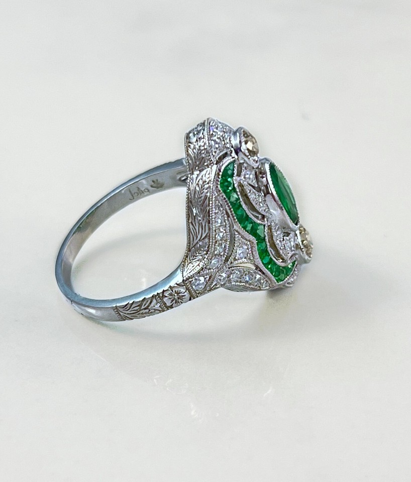 Art Deco Emerald Platinum Diamond Ring Cocktail Right Hand Old Mine ...