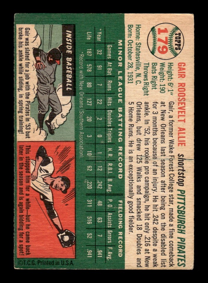 1954 Topps Baseball #179 Gair Allie RC VGEX Pittsburgh Pirates | eBay