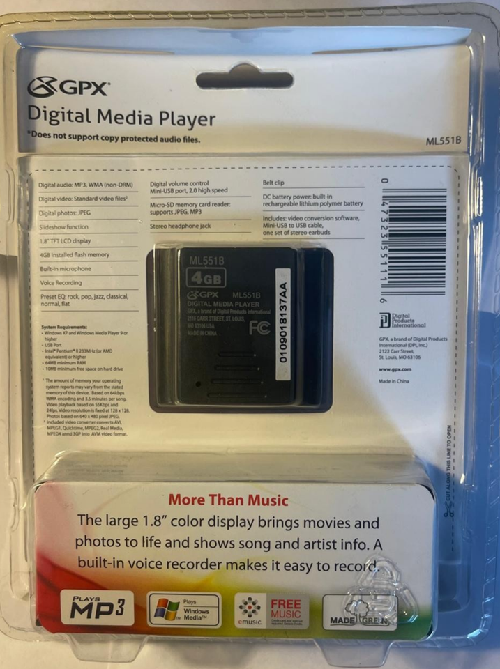 GPX 4GB Video MP3 Player and Image Viewer Digital Media Player ML551B ...