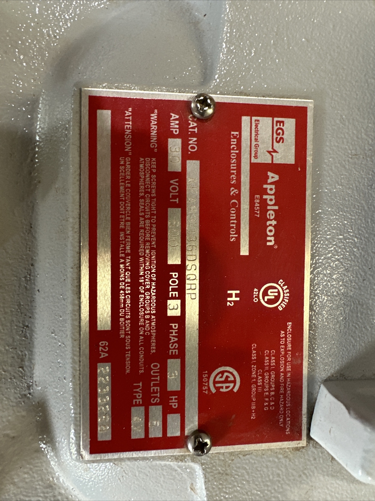 Appleton EGS 30 Amp Explosion Proof Disconnect Switch 600V 3 Phase ...