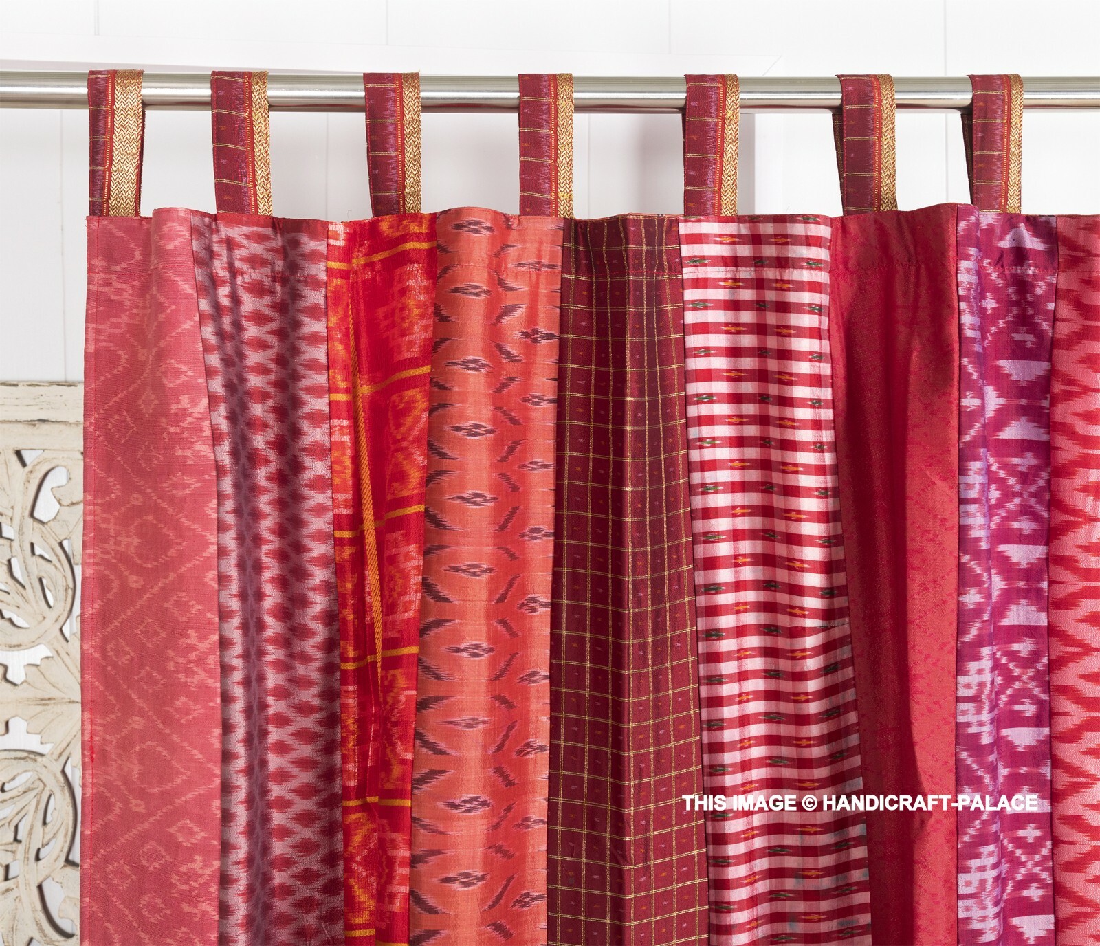 Red Indian Sari Patchwork Curtain Drape Window Decor Silk Sari Curtain ...