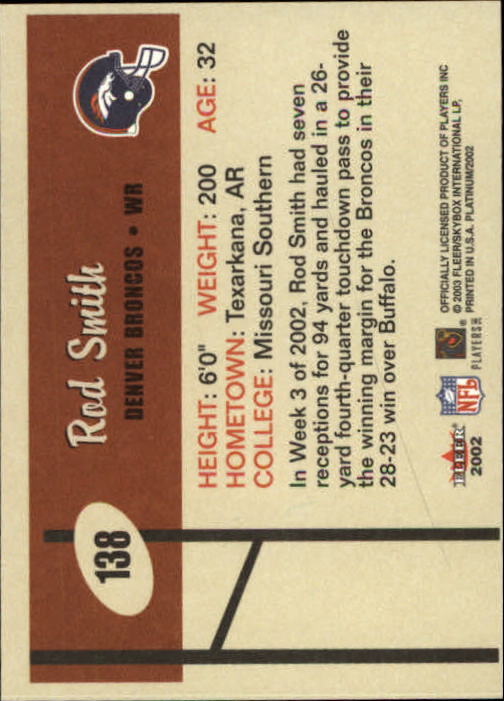 2002 Fleer Platinum Football Card #138 Rod Smith | eBay