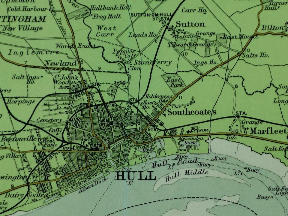 1903 MAP ~ HULL HORNSEA RIVER HUMBER EAST RIDING BEVERLEY GREAT GRIMSBY ...