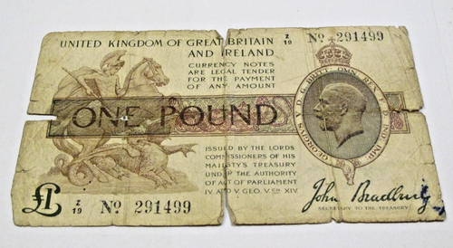 1913-1919 One Pound King George V Banknote Worn Cashier John Bradbury ...