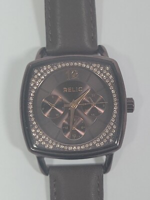 Relic Watch Women Metallic Brown Pave Dial Day Date Leather Band New ...