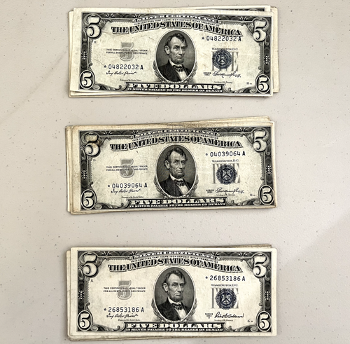 1953 STAR NOTE Five Dollar Blue Seal Note Silver Certificate Old US ...