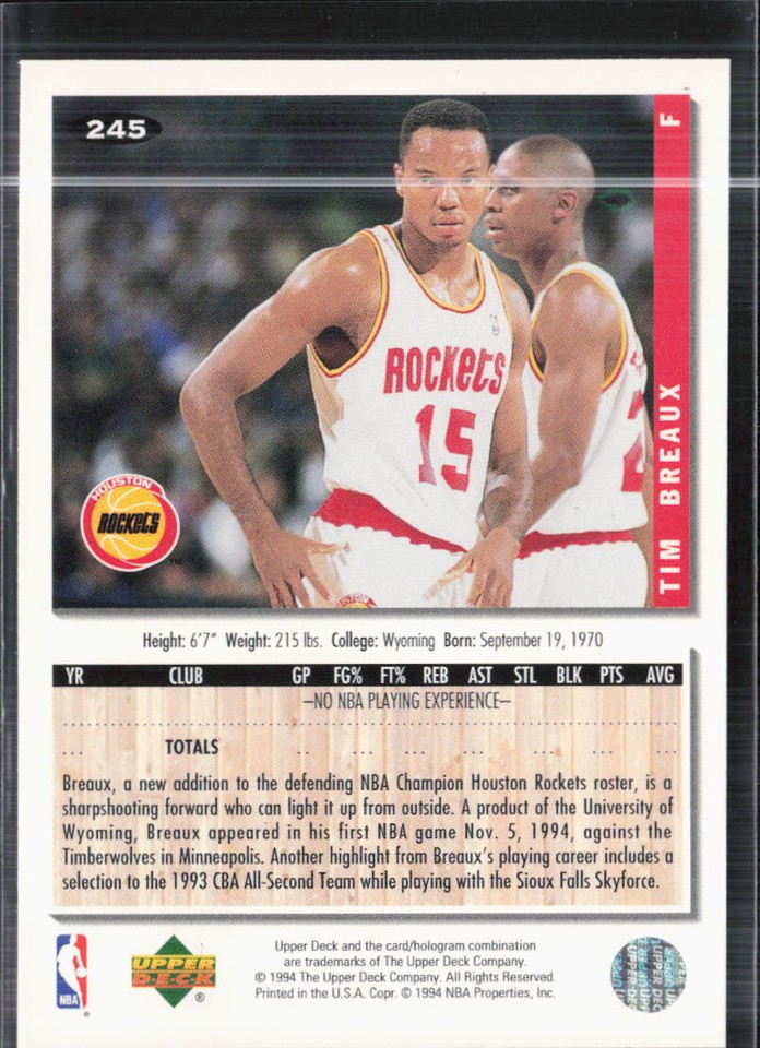 1994-95 Collector's Choice #245 Tim Breaux Silver Signature RC Houston ...