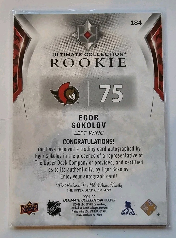2021-22 Upper Deck Ultimate Collection Rookies /299 Egor Sokolov Rookie Auto RC | eBay