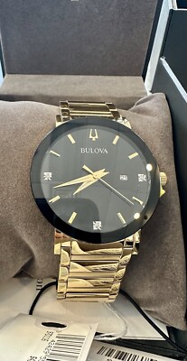 New Bulova Men's Crystal Gold Stainless Steel Black Dial 42mm Watch ...