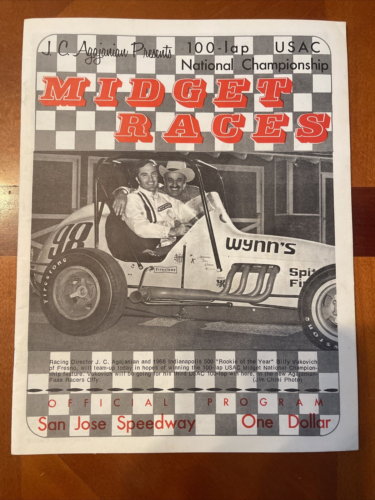 1970 USAC Midget Race Program, San Jose Speedway, Billy Vukovich Cover ...