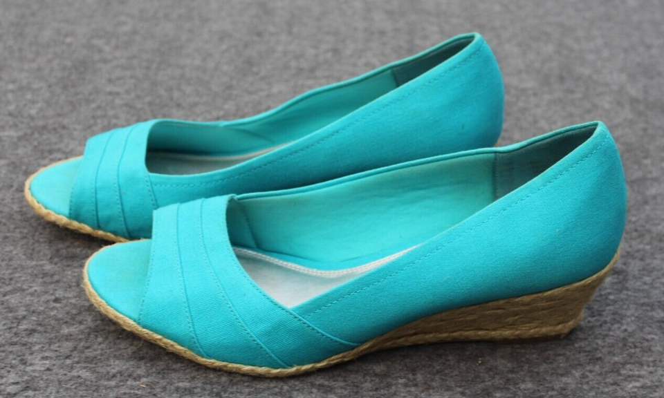 Kelly & Katie Size 9.5 Peep Toe Wedge Rope Heel Aqua Fabric Espadrille ...