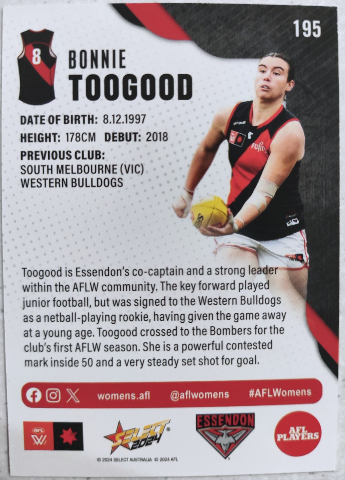 Select 2024 Afl Footy Card Bonnie Toogood #195 Essendon Bombers | eBay
