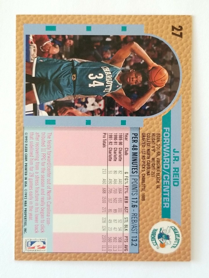 1992-93 Fleer NBA #27 J.R. Reid Hornets Center (B) | eBay