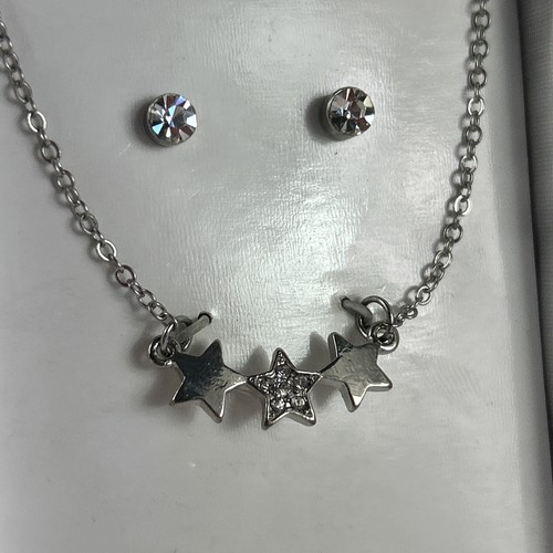 Star Trio Pendant Necklace And Stud Earrings Set Clear Crystals 18 ...