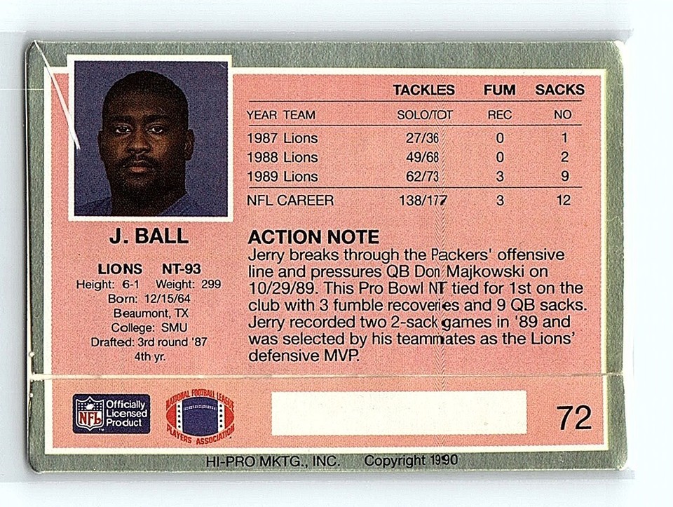 1990 Hi-Pro Mktg., Inc. Jerry Ball Detroit Lions #72 | eBay