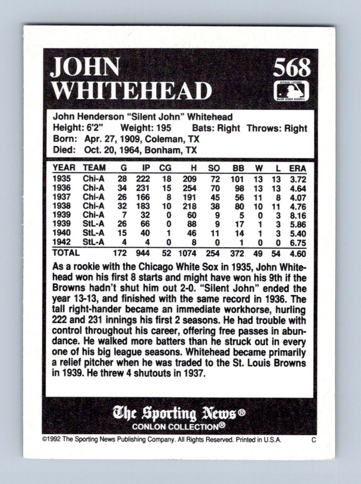 1992 Conlon Collection #568 John Whitehead | eBay