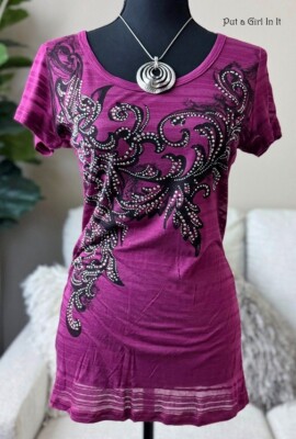 USA New VOCAL Womens CRYSTAL MAGENTA PINK BURNOUT FLORAL T SHIRT S M L ...